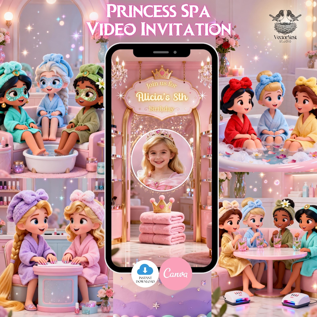 Princess Spa Birthday Video Invitation Pamper Girls Party Animated ...