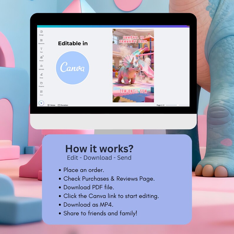 Dinosaurs Pastel Playground Birthday Invitation Party Digital Editable ...