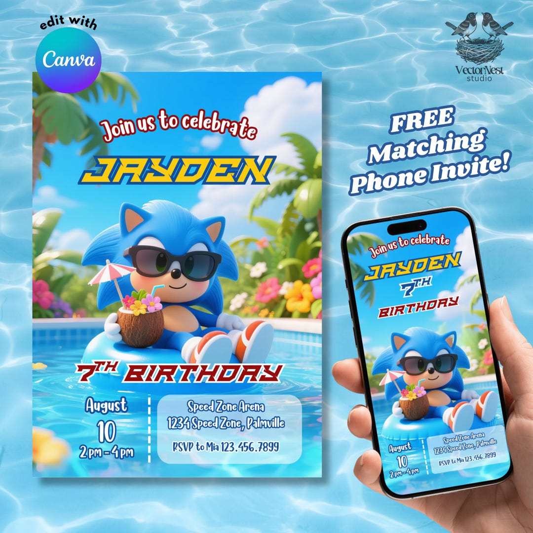 Sonic Pool Party Invitation: Editable Birthday Canva Template (digital ...