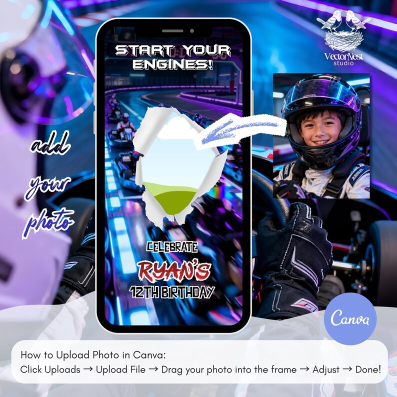 Go Kart Birthday Invitation, Neon Karting Party Animated Digital Canva ...