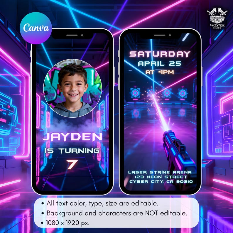 Laser Tag Neon Glow Birthday Video Invitation Digital Editable Template ...