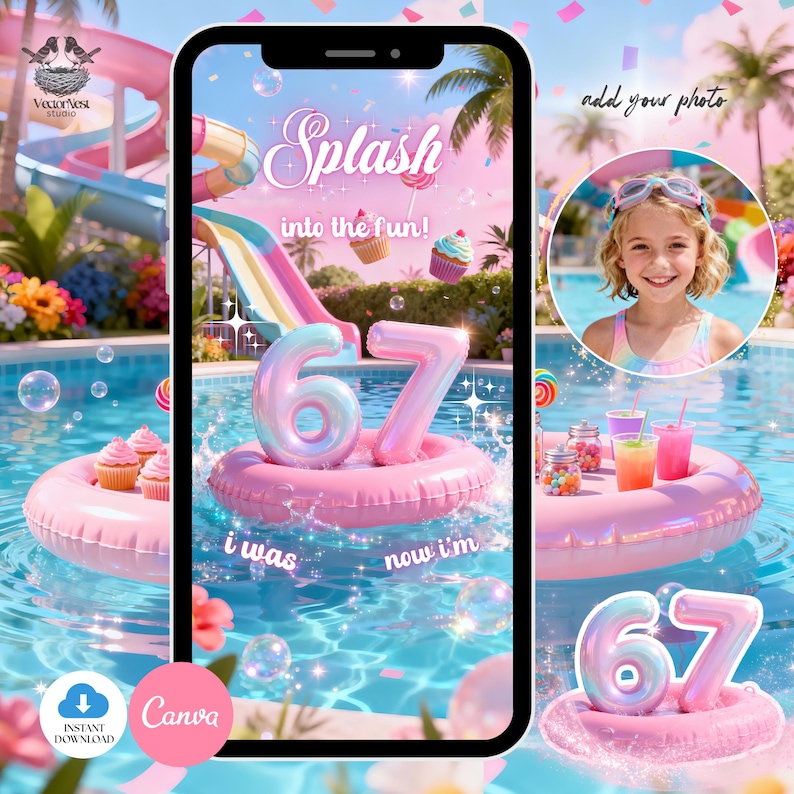 67 Pool Party Birthday Video Invitation Waterpark Pastel Splash Party ...