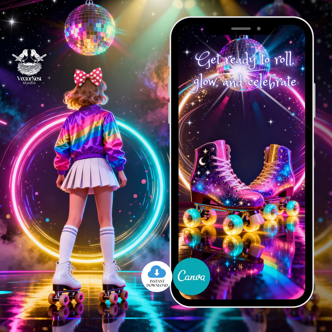 Neon Roller Skating Birthday Invitation, Retro Glow Party Video ...
