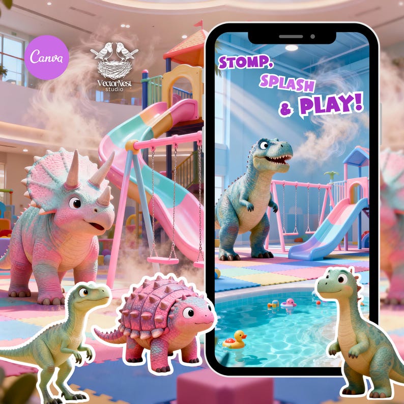 Dinosaurs Pastel Playground Birthday Invitation Party Digital Editable ...