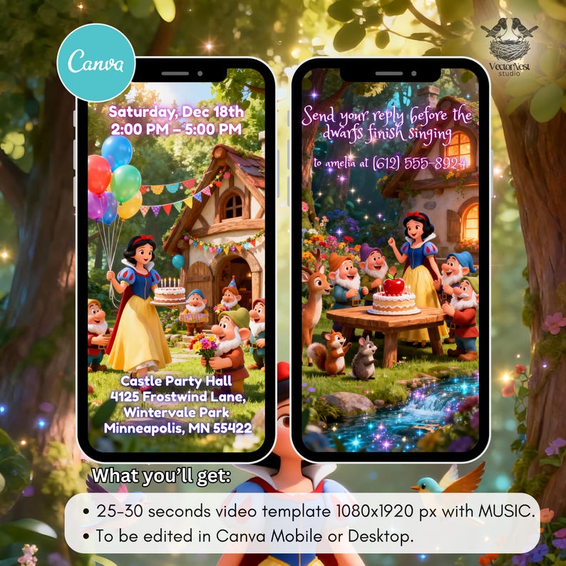 Snow White Birthday Video Invitation Animated Invite Digital Canva ...