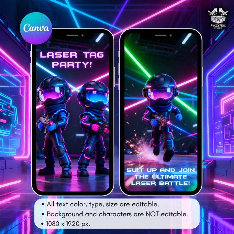 Laser Tag Neon Glow Birthday Video Invitation Digital Editable Template ...