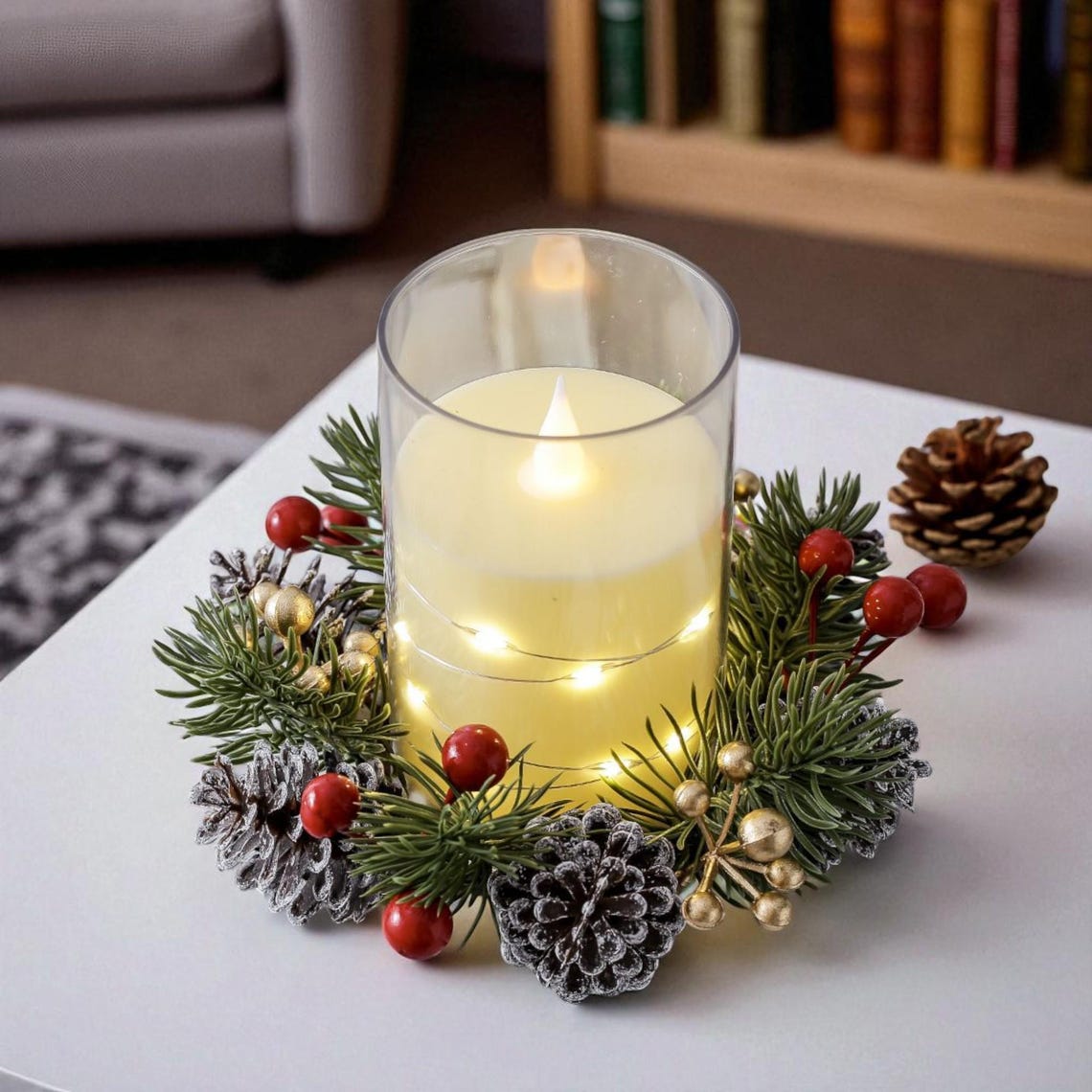 Christmas Candlestick Garland Ring, 20 Cm Holiday Wreath With Berries ...