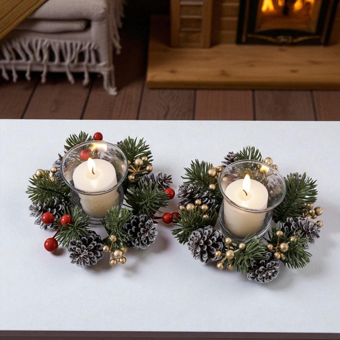 Christmas Candlestick Garland Ring, 20 Cm Holiday Wreath With Berries ...