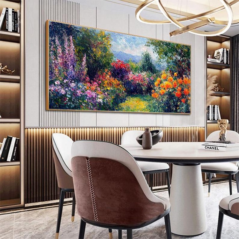 Monet Style Garden Oi Painting, Colorful Floral Landscape Art, Textured ...
