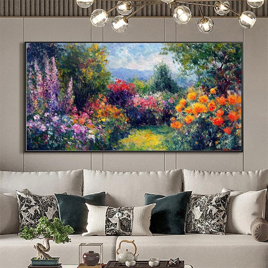 Monet Style Garden Oi Painting, Colorful Floral Landscape Art, Textured ...