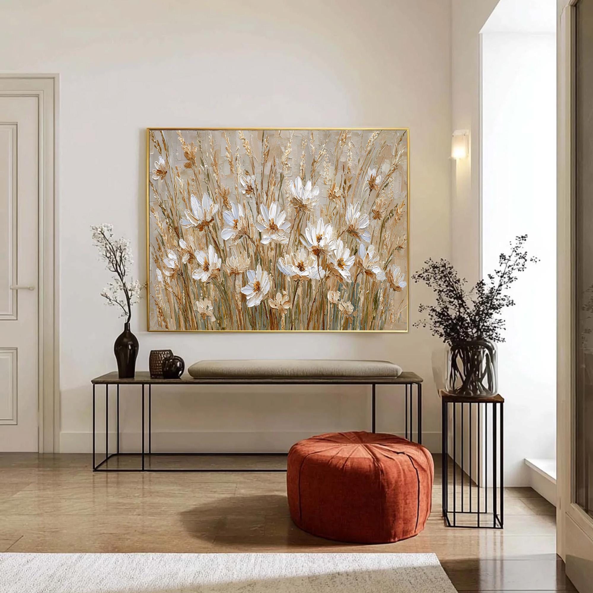 Elegant White Floral Oil Painting on Canvas, Large Textured Wall Art ...