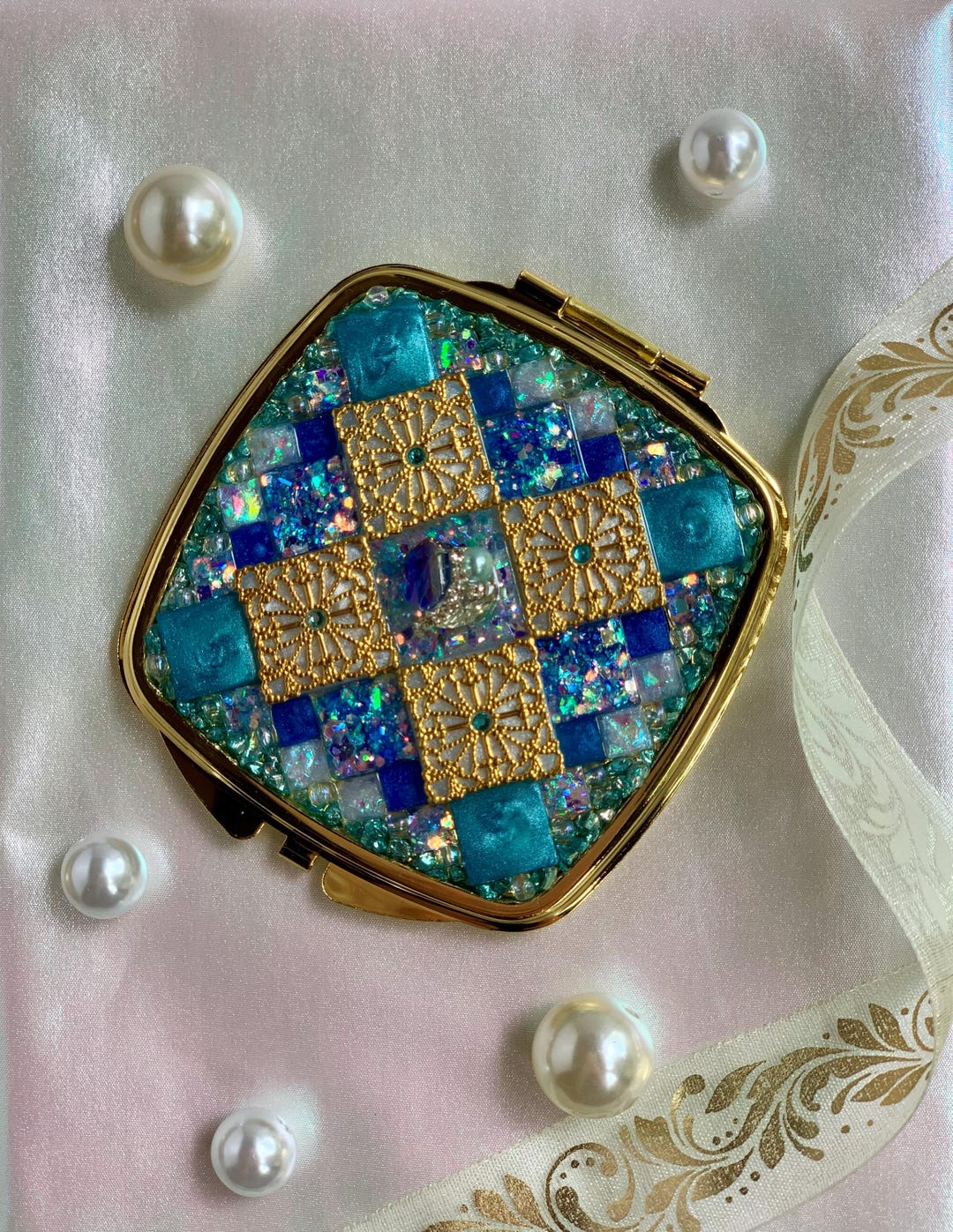 Celestial Blue Resin Compact Mirror: Handmade Gold Detail Art - Etsy