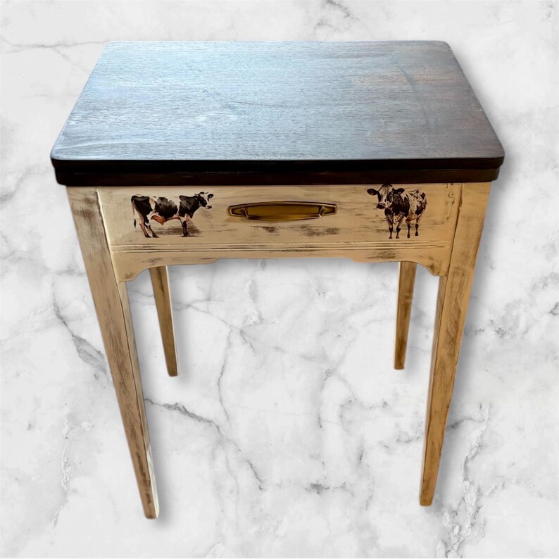Cow Print Farmhouse Side Table – Repurposed Antique Sewing Table Flip ...