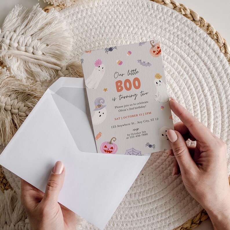 Little Boo Halloween Birthday Invitation Girl, 1st 2nd Birthday Ghost ...
