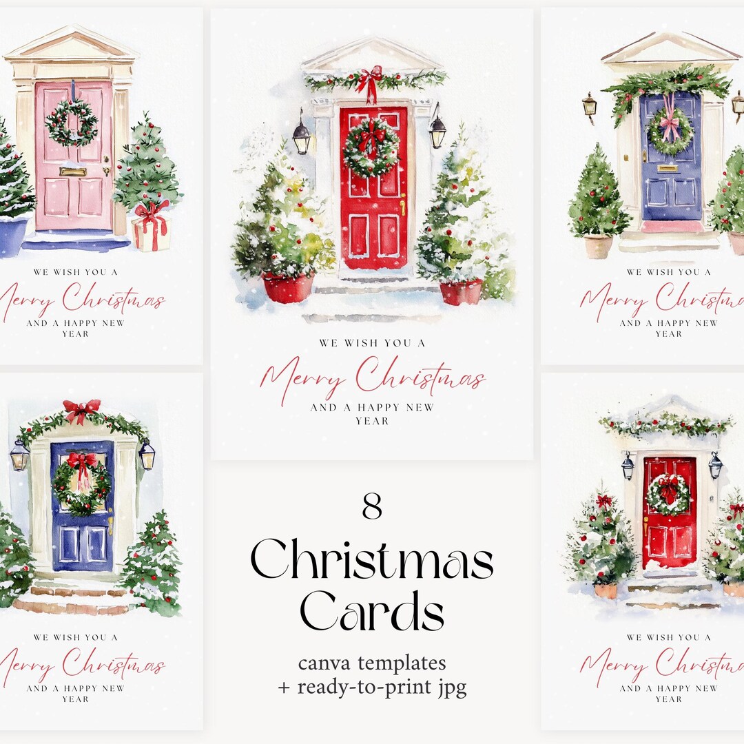 Christmas Cards Set, 8 Printable Holiday Cards Bundle, Canva Templates ...
