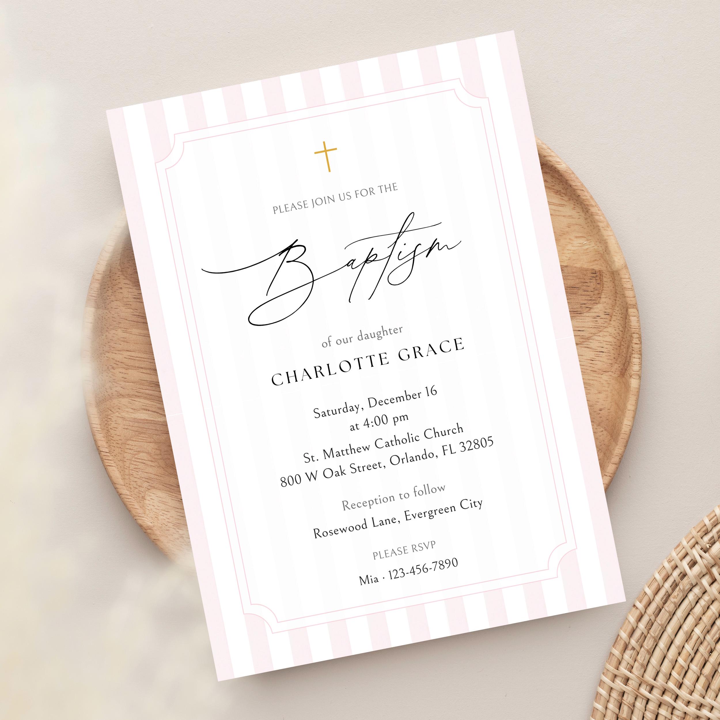 Girl Baptism Invitation Template, Pink Stripe Baptism Invite, Classic ...