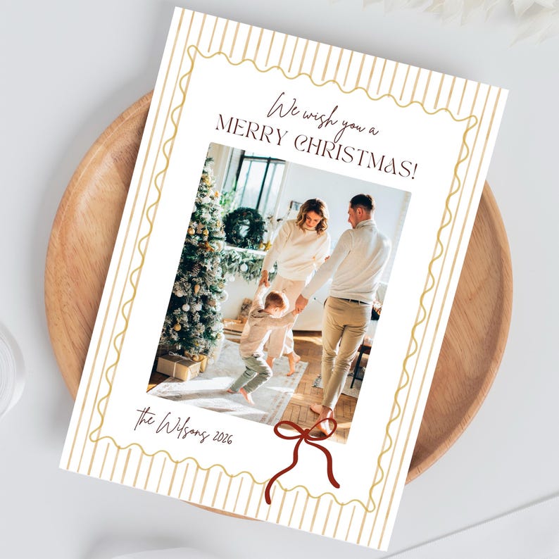 Christmas Photo Card Template, Vintage Gold Stripe Holiday Card ...