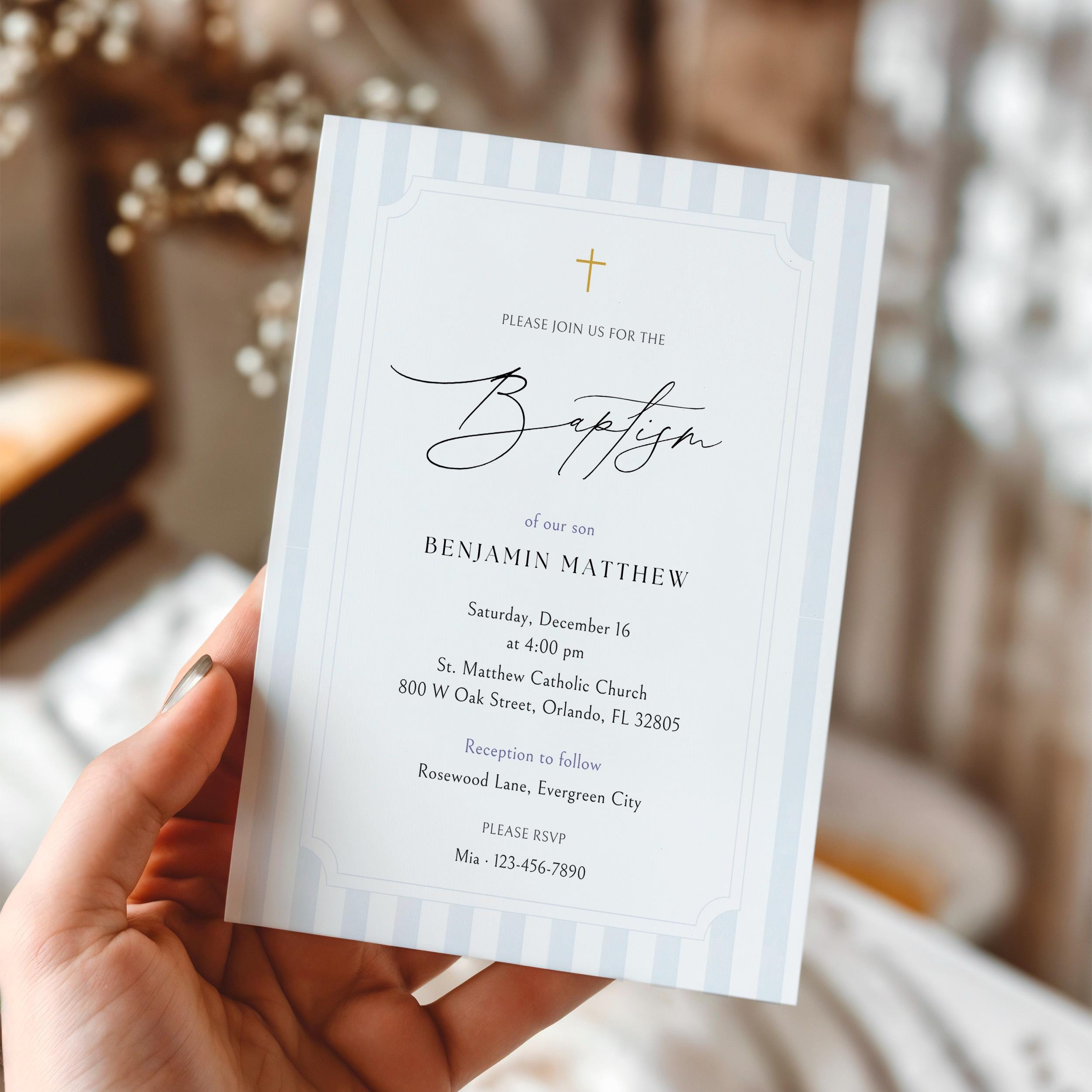 Baptism Invitation Template, Elegant Boy Baptism Invite, Blue Gold ...