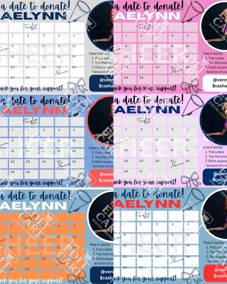 Editable Pick a Date to Donate Cheer Fundraiser Calendar | Canva ...