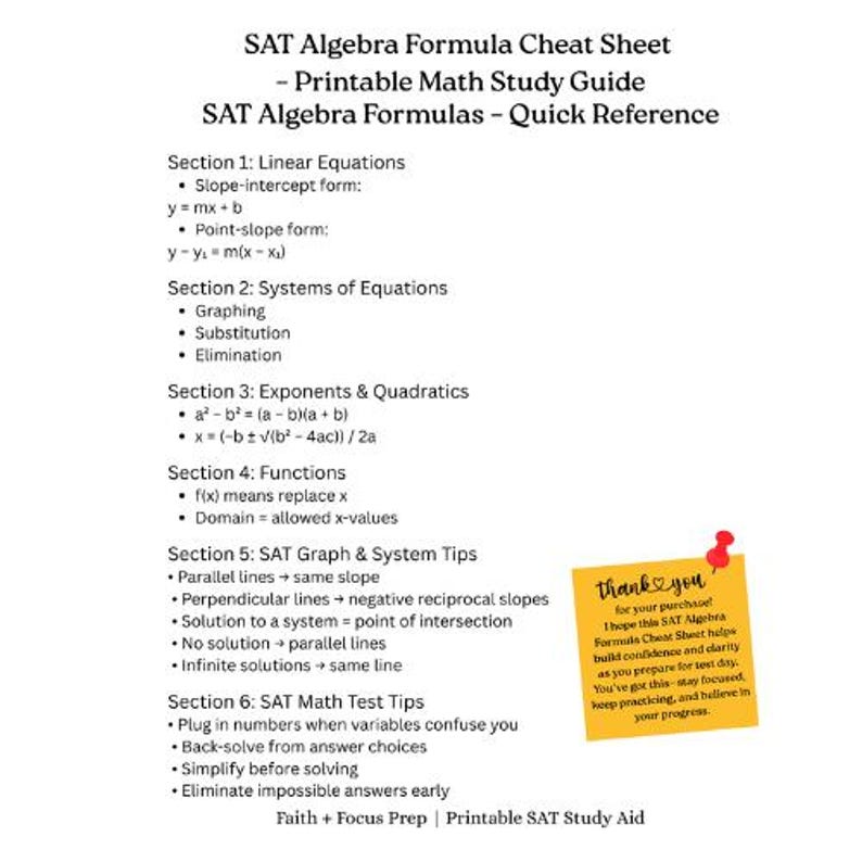 SAT Algebra Formula Cheat Sheet – Printable Math Study Guide - Etsy