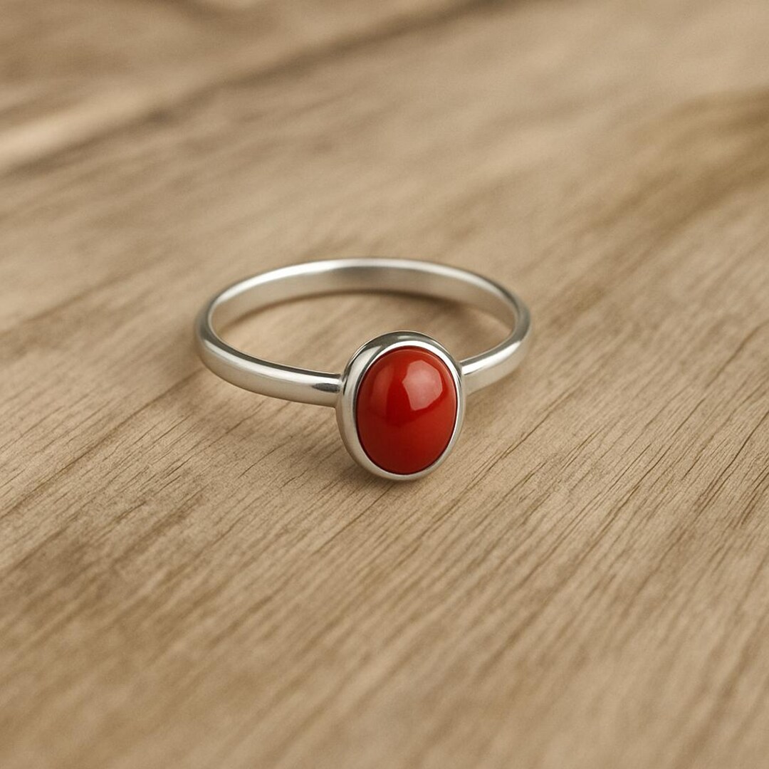 Red Coral Sterling Silver Ring, Minimalist Moonga Gemstone - Etsy