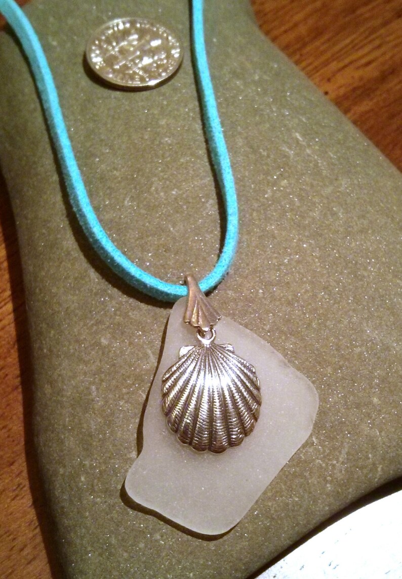 White Sea Glass Sea Shell Charm and Blue Suede Necklace - Etsy