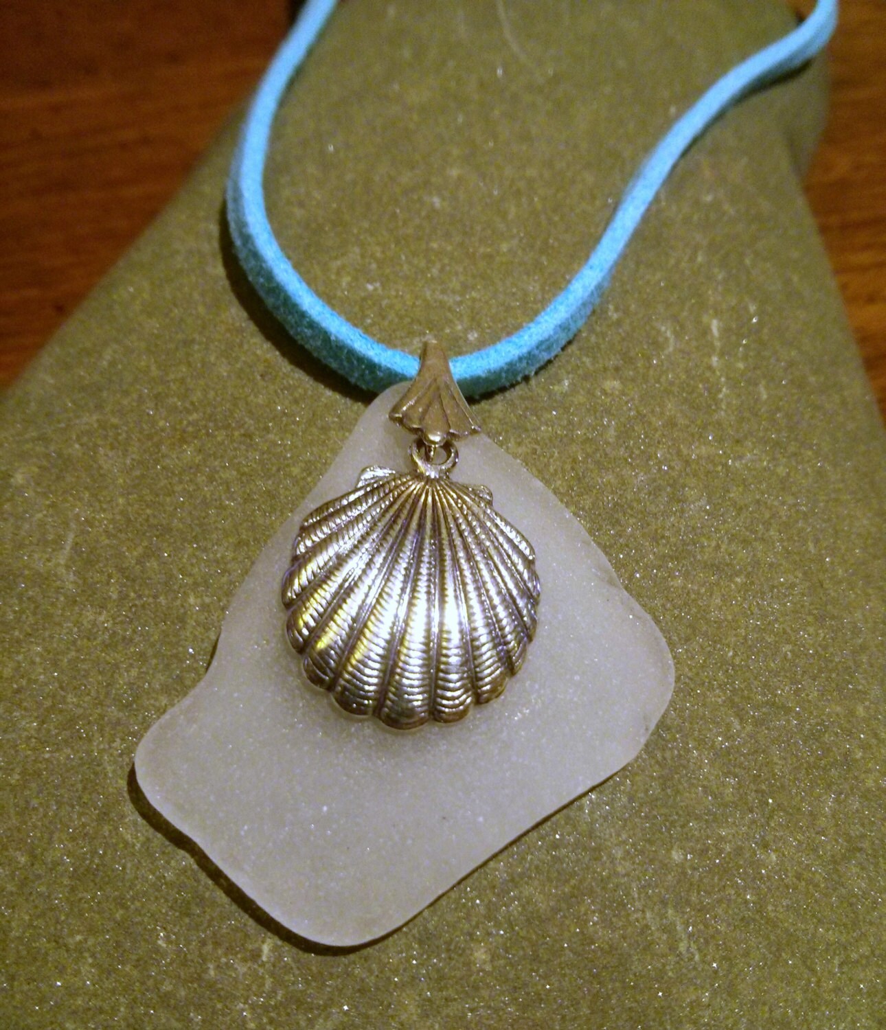 White Sea Glass, Sea Shell Charm and Blue Suede Necklace - Etsy