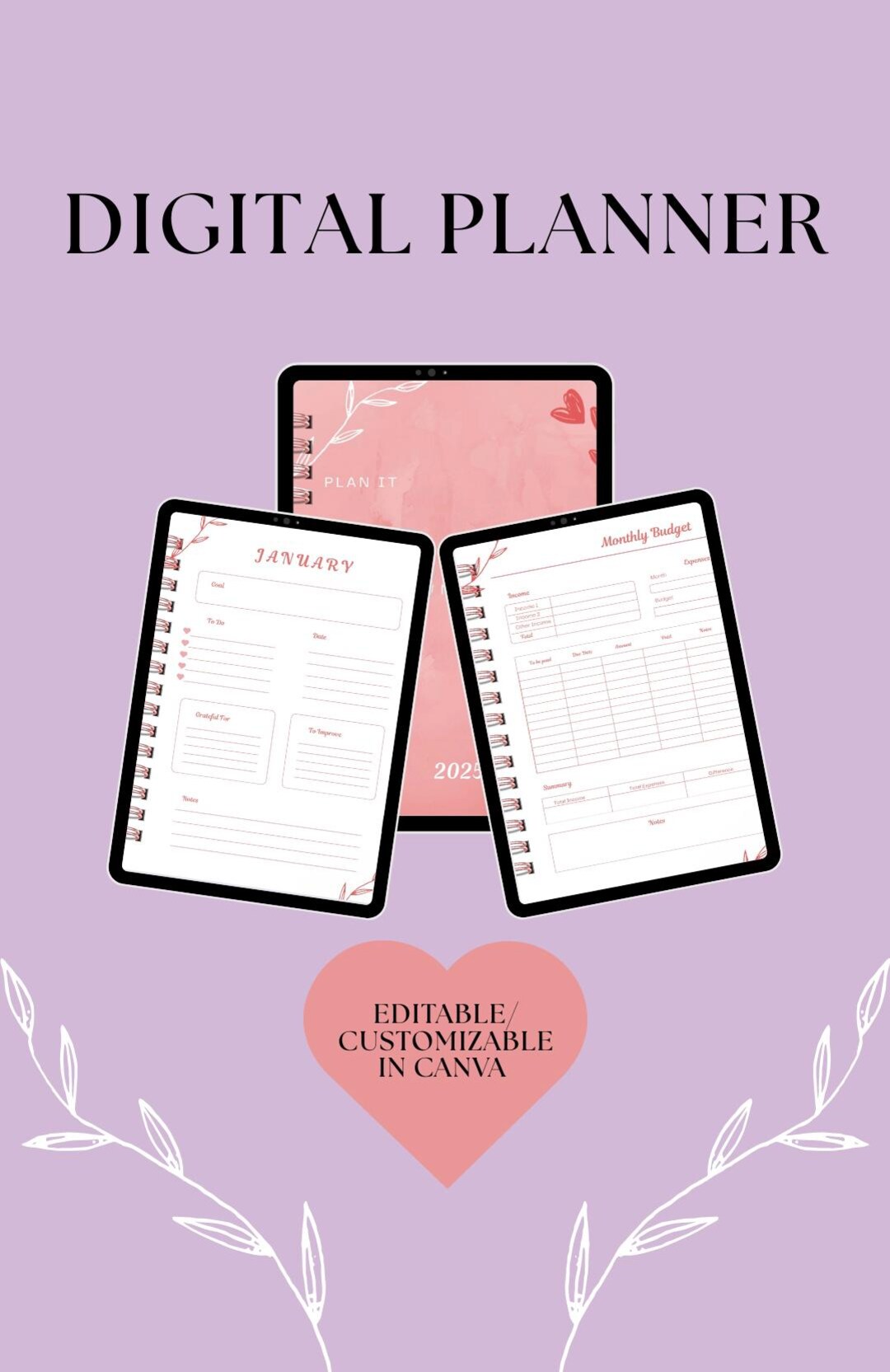 Girly Digital Planner: Customizable Canva Template (63 Pages) - Etsy