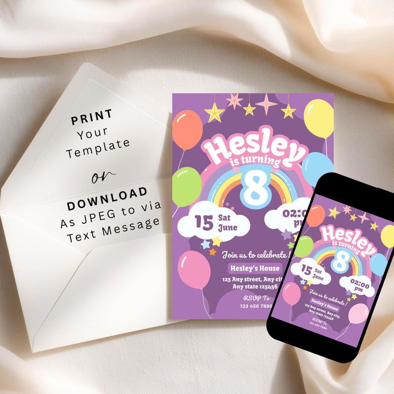 Rainbow Birthday Invitation Template, Kids Balloon Party Invite ...