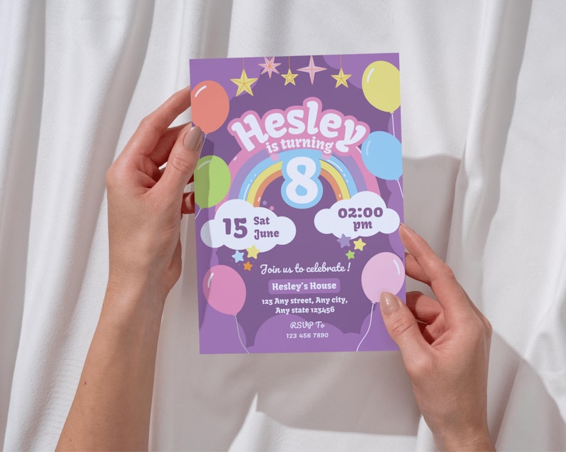Rainbow Birthday Invitation Template, Kids Balloon Party Invite ...
