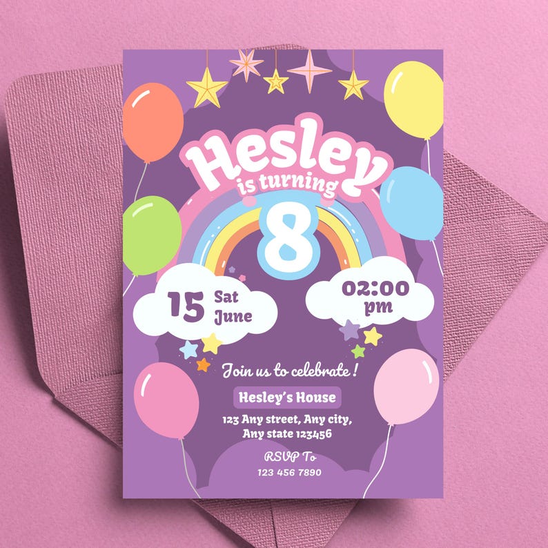 Rainbow Birthday Invitation Template, Kids Balloon Party Invite ...