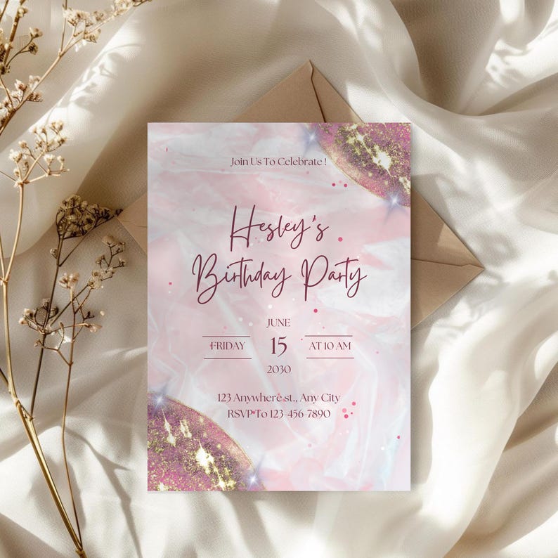 Pink Glitter Birthday Invitation Template, Glitter Party Invite ...