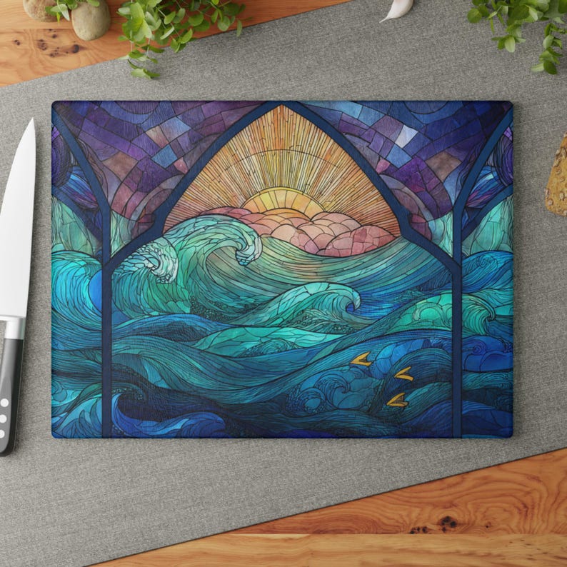 Stained Glass Effect Ocean Cutting Board, Tempered Glass Kitchen Board ...