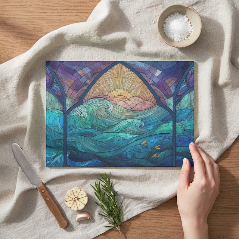 Stained Glass Effect Ocean Cutting Board, Tempered Glass Kitchen Board ...