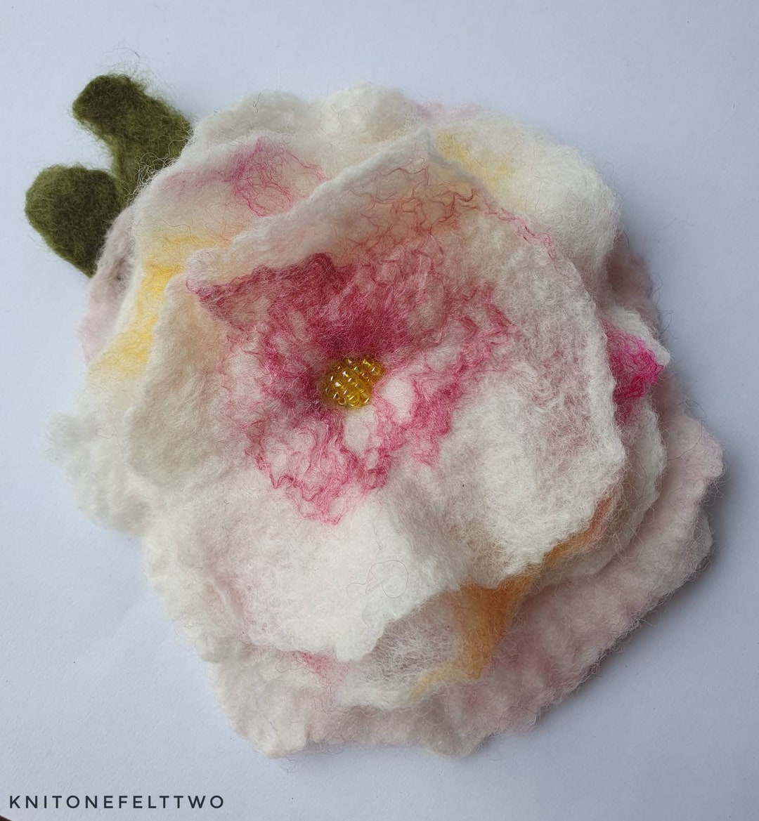 Handfelted White Merino Wool Flower With Pink and Yellow Flecks of ...