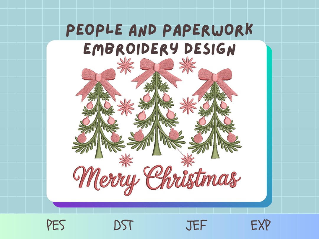 Pink Bow Christmas Trees EMB Design | Holiday Script Stitch File | Pes ...