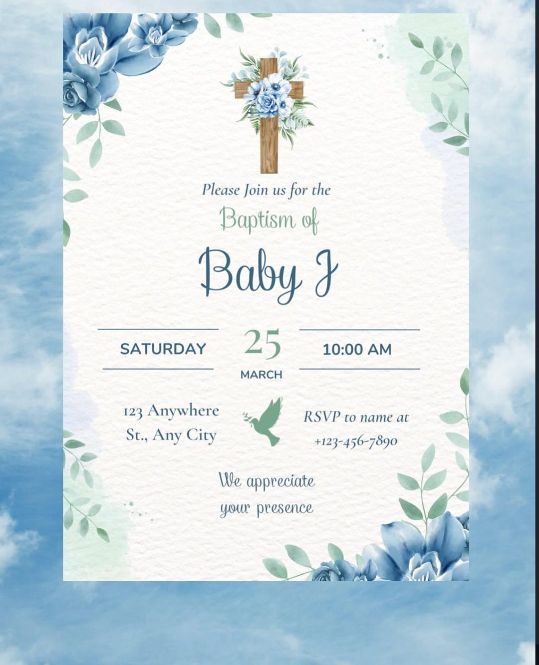 Blue Floral Baptism Invitation: Rustic Watercolor Cross (digital ...