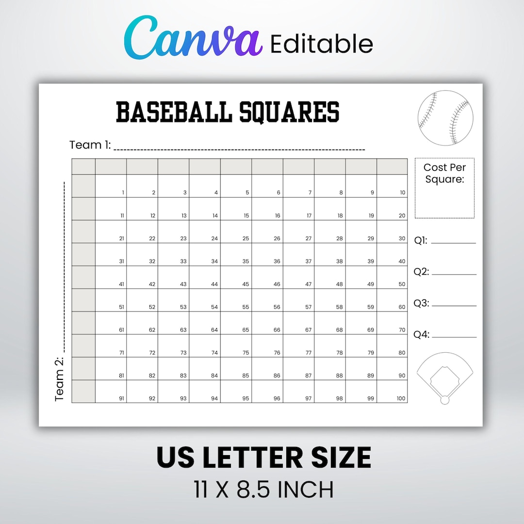 Baseball Squares, 100 Square Baseball Fundraiser, Editable Baseball ...