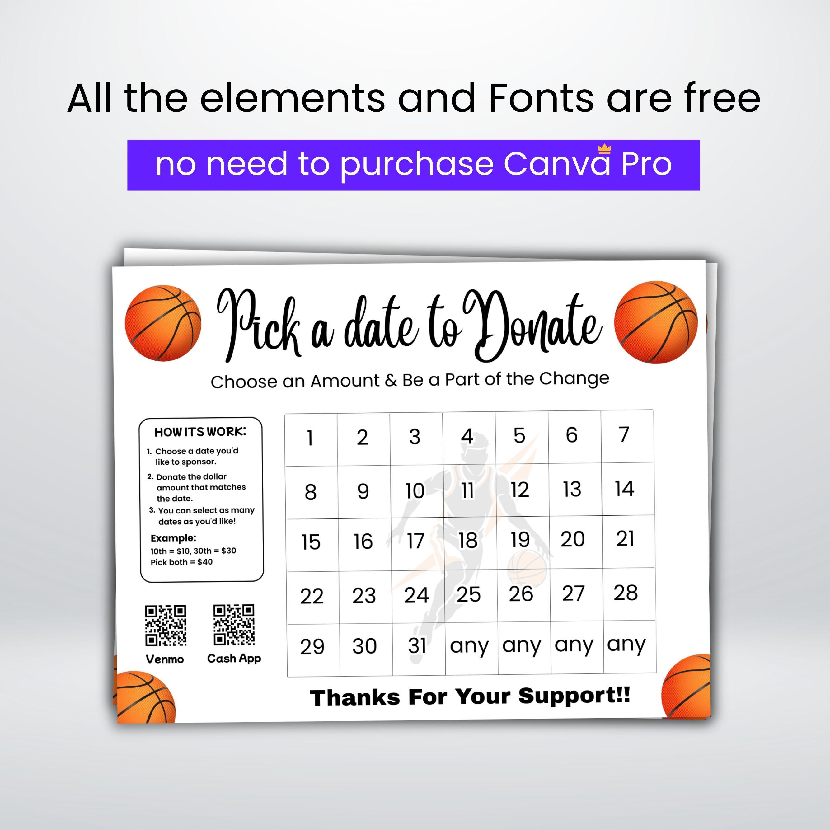 Basketball Fundraiser Calendar, Pick a Date to Donate, Editable ...