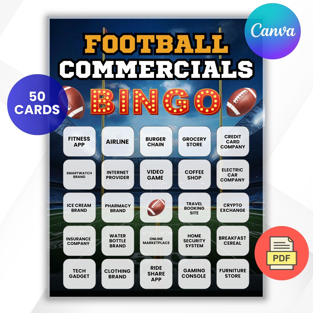 Football Commercials Bingo, 50 Big Game Day Bingo Cards, Football Watch ...