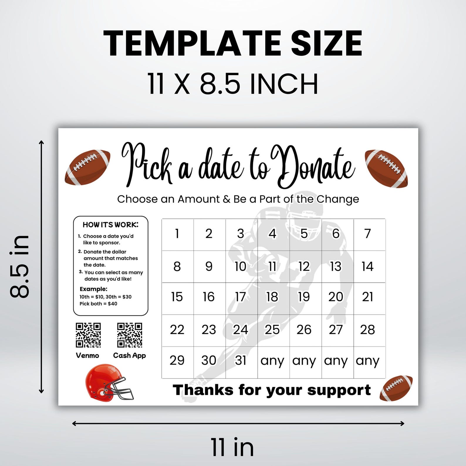 Football Fundraising Calendar, Pick a Date Donation, Editable Football ...