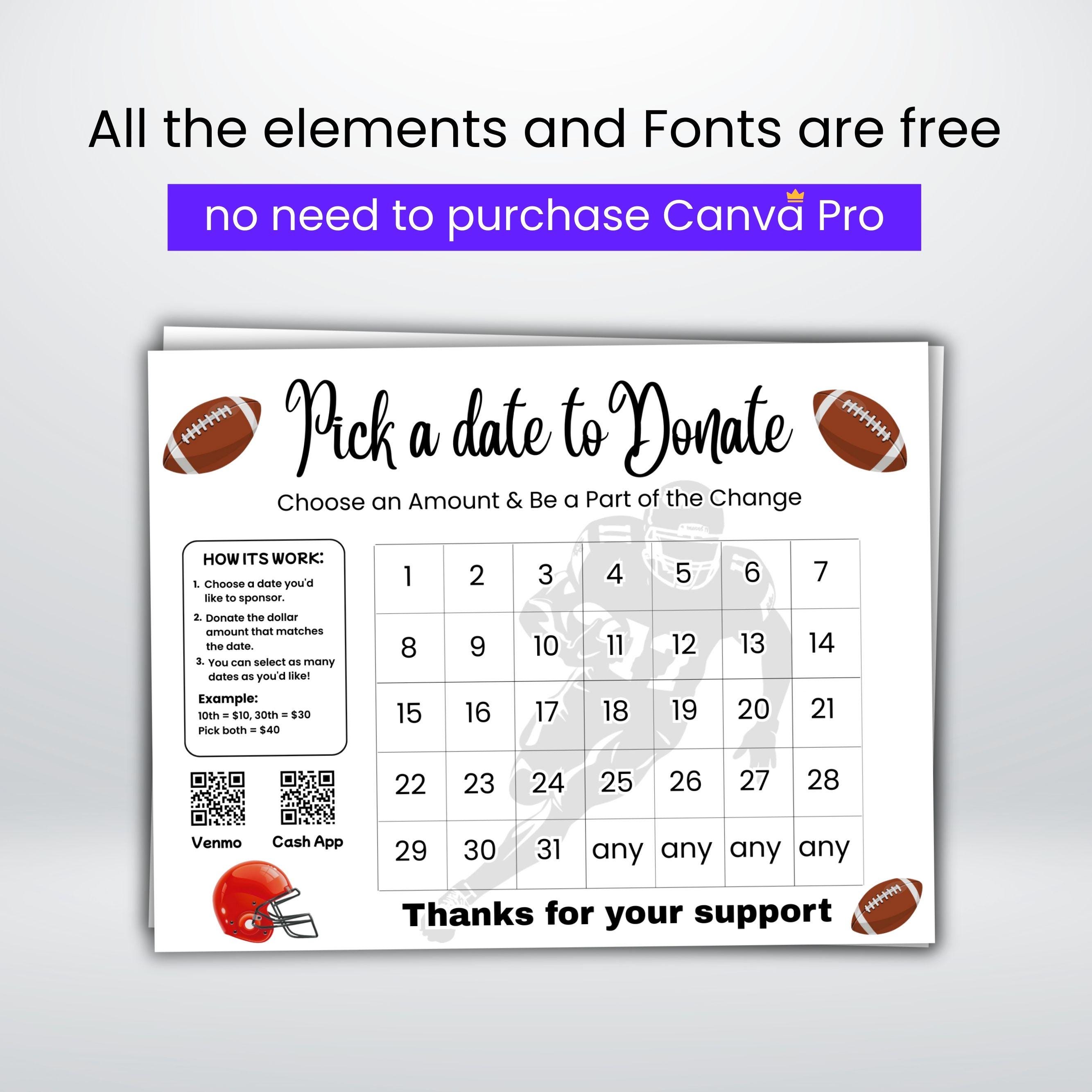 Football Fundraising Calendar, Pick a Date Donation, Editable Football ...