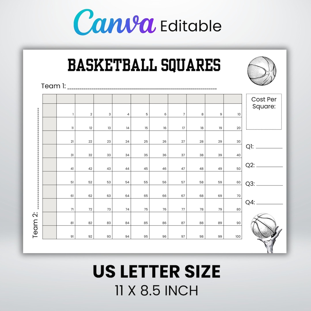 Basketball Squares, 100 Square Basketball Fundraiser, Editable ...