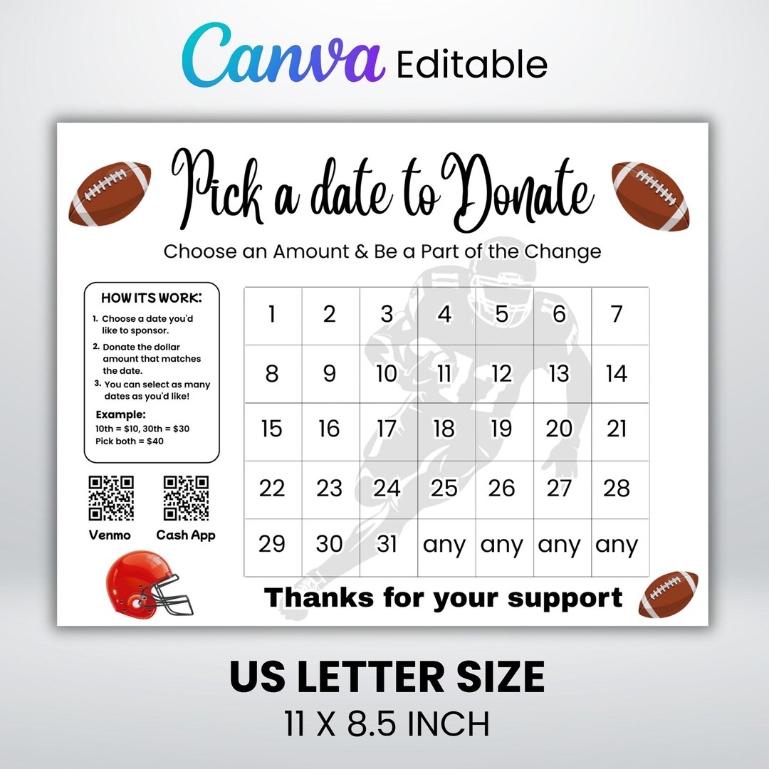 Football Fundraising Calendar, Pick a Date Donation, Editable Football ...