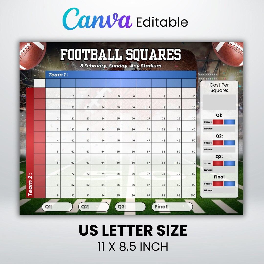Football Squares Fundraiser | 100 Square Football Pool Printable | Big ...