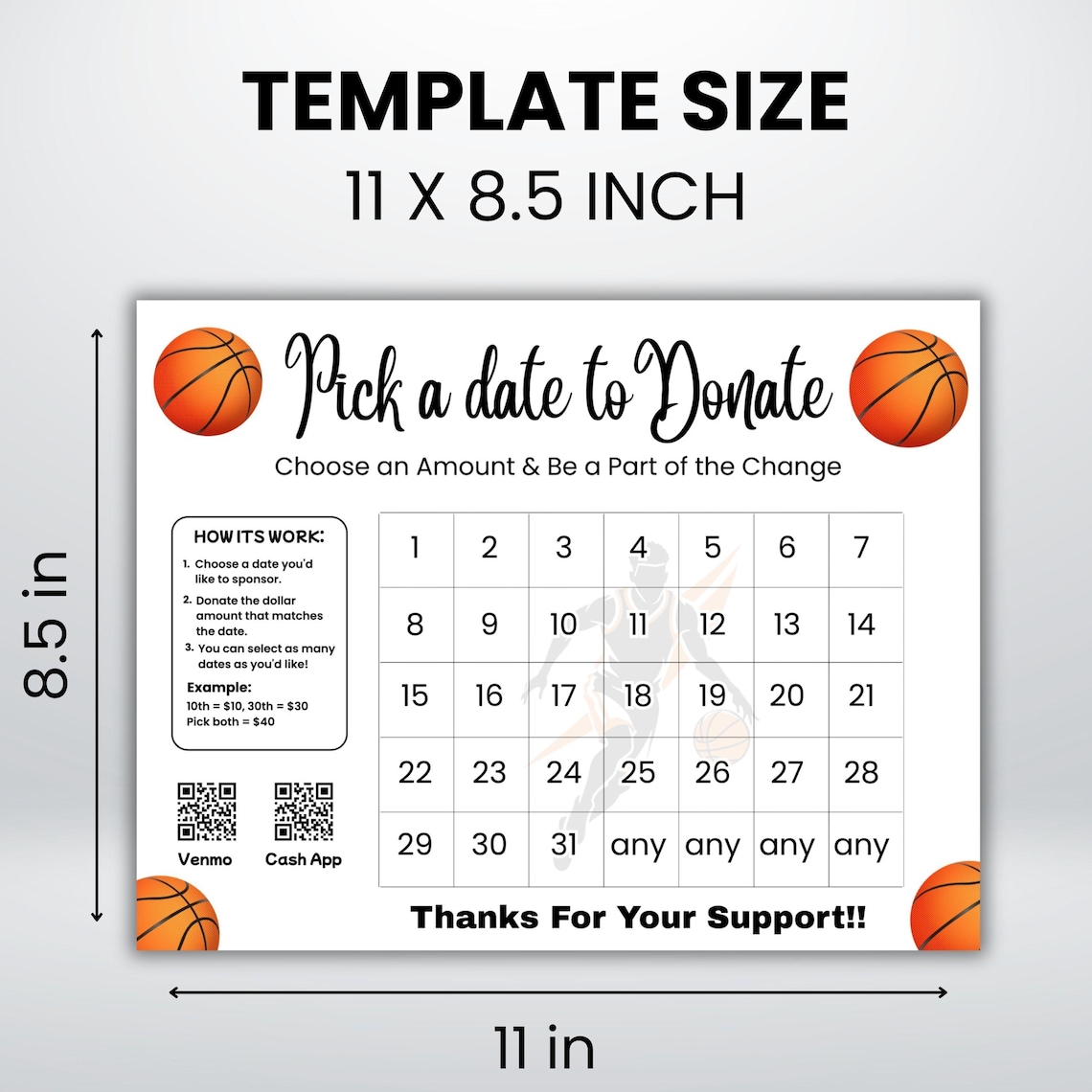 Basketball Fundraiser Calendar, Pick a Date to Donate, Editable ...