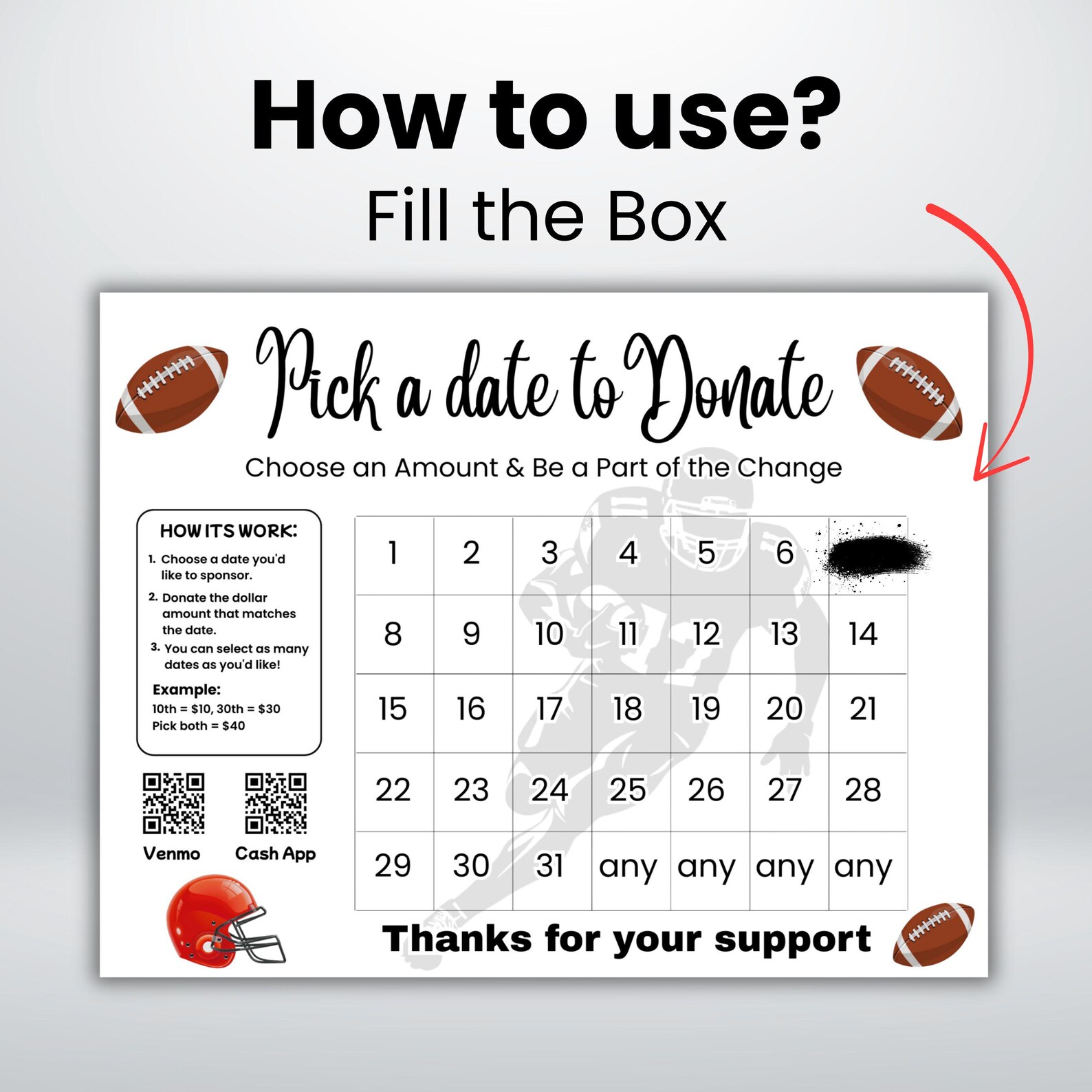 Football Fundraising Calendar, Pick a Date Donation, Editable Football ...