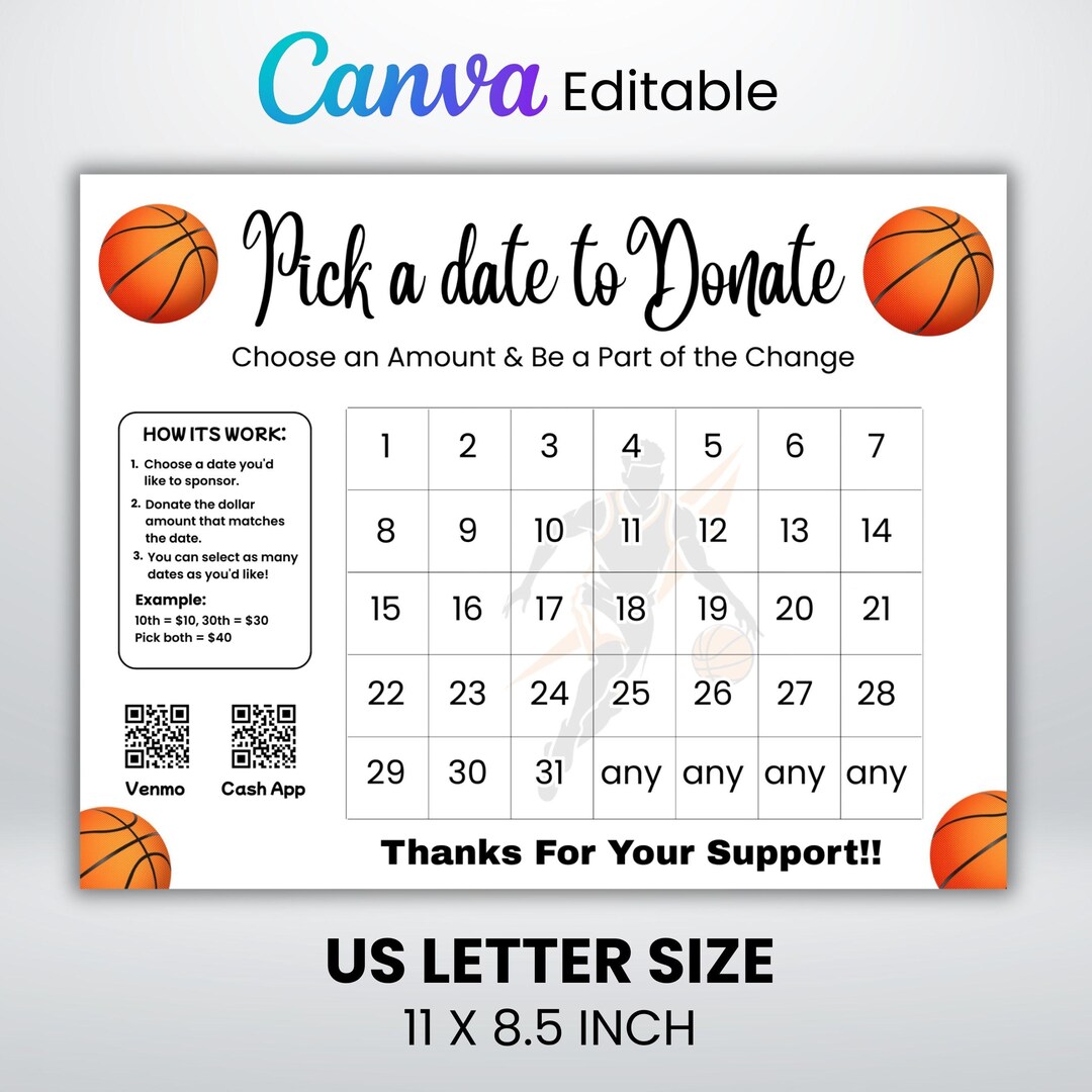 Basketball Fundraiser Calendar, Pick a Date to Donate, Editable ...
