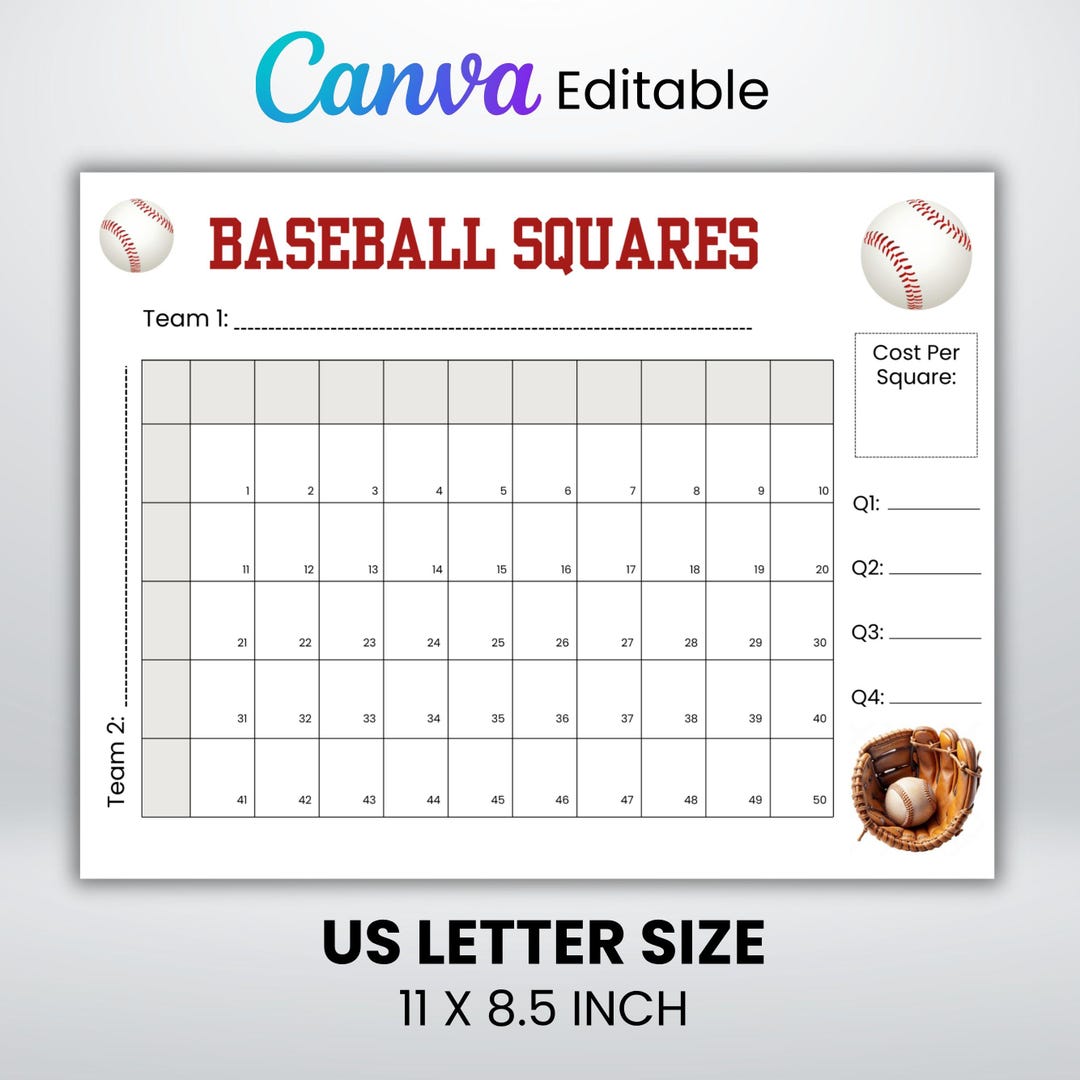 Baseball Squares, 50 Square Baseball Fundraiser, Editable Baseball ...