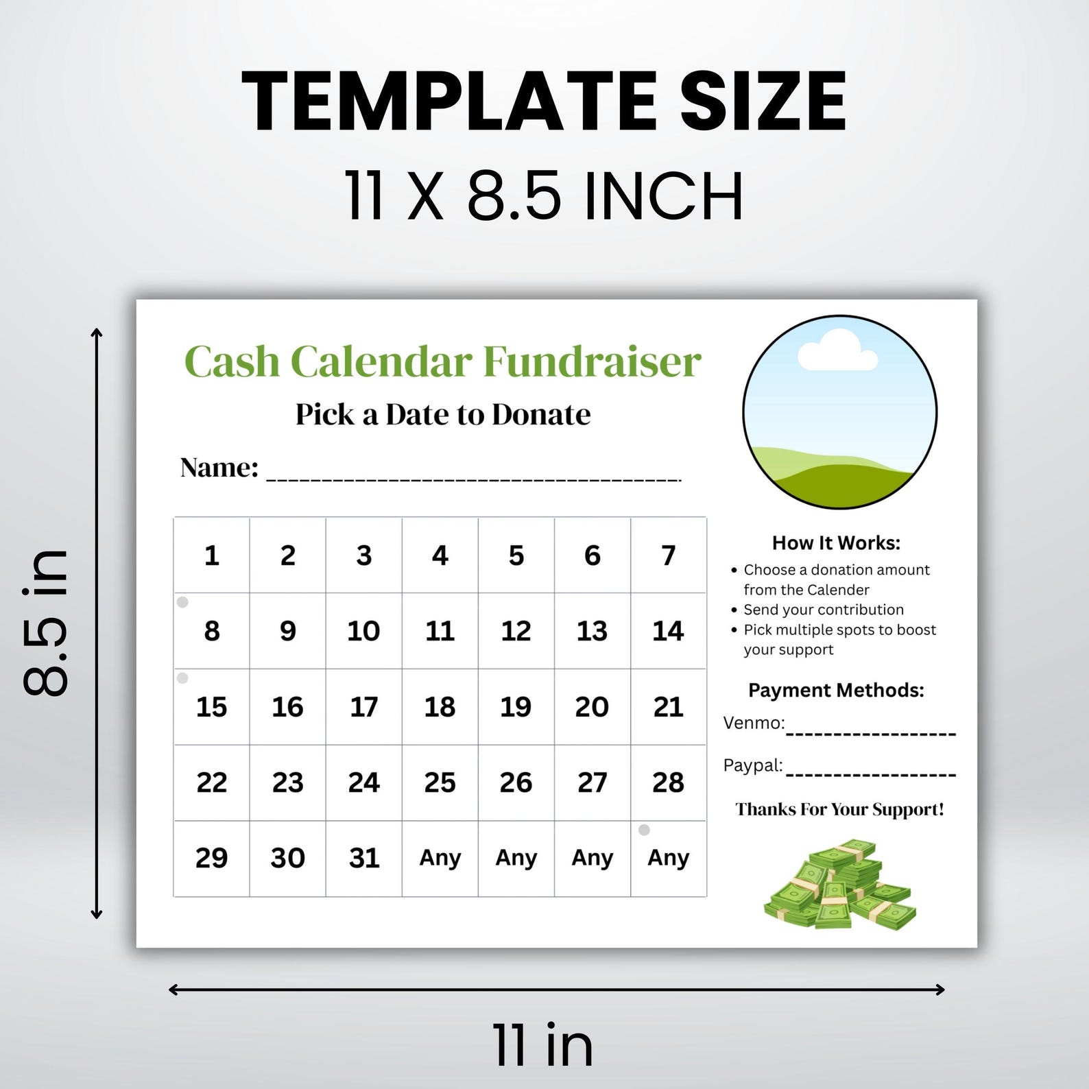 All-purpose Fundraiser Calendar Template | Pick a Date to Donate | Cash ...